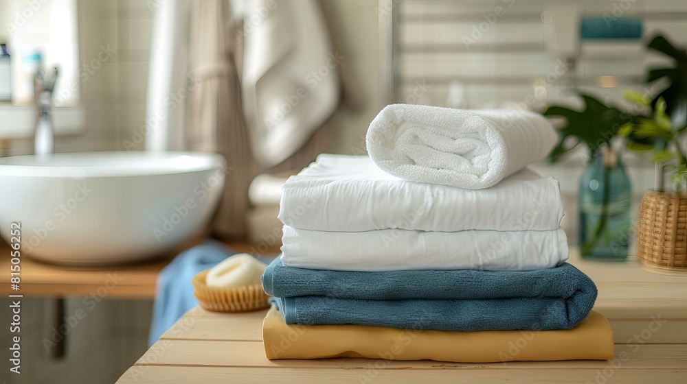 A "Stack of clean laundry bedding sheets on table in bathroom stock ...