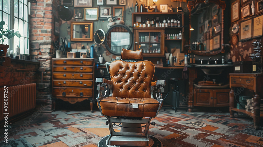 Foto de Vintage Brown Leather Barber Chair in Stylish Old Fashioned ...