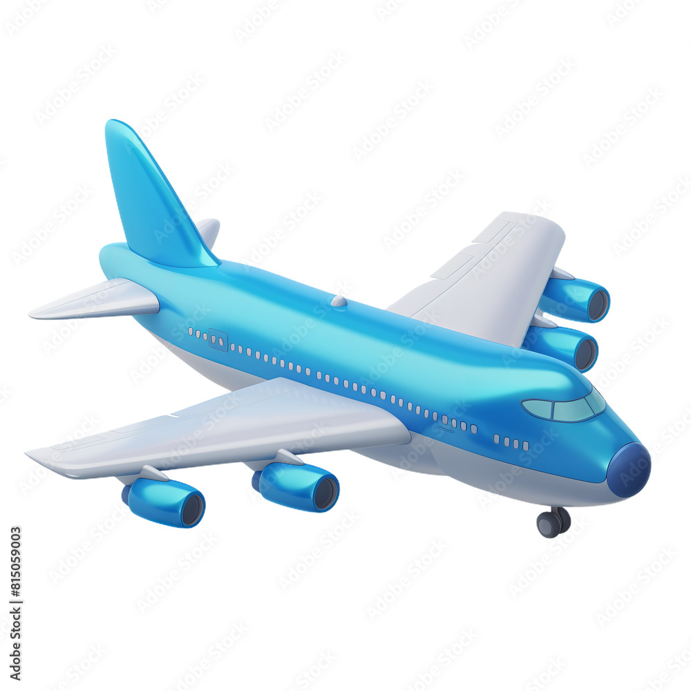 3d blue cartoon airplane 747 icon, white background, no shadow around ...