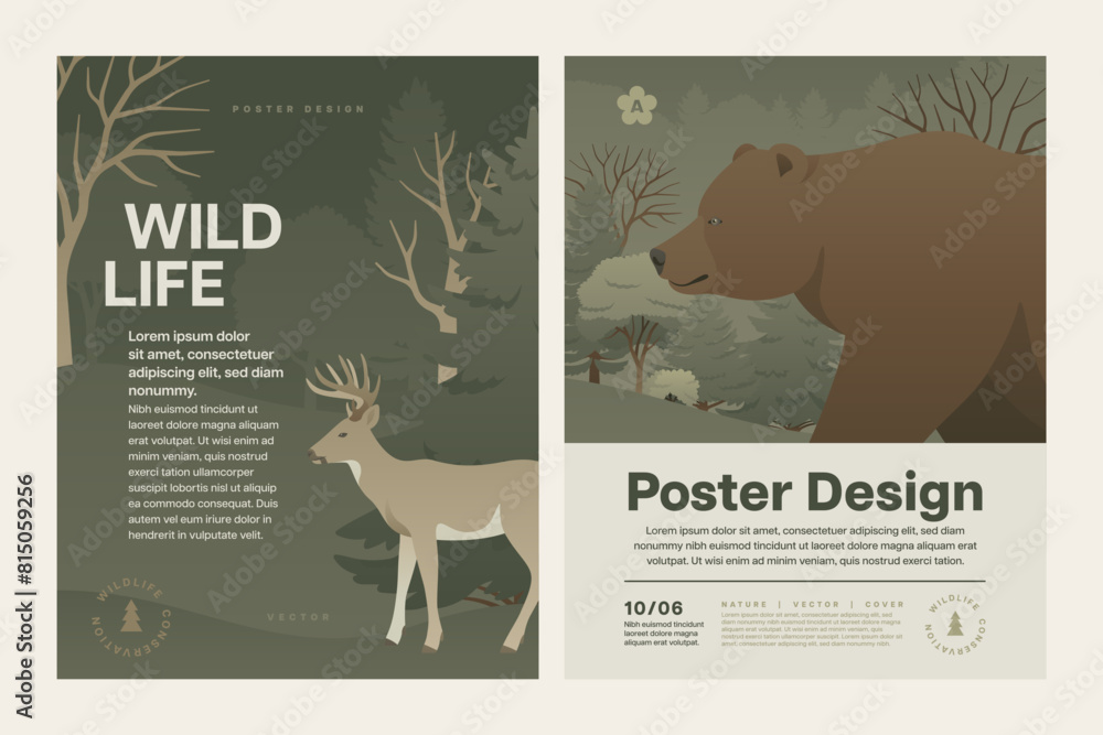 Forest animal poster design set. Wild animals in nature background ...