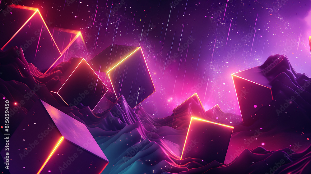 Neon Glowing Triangles in Purple Night Sky with Rain and Stars Above ...