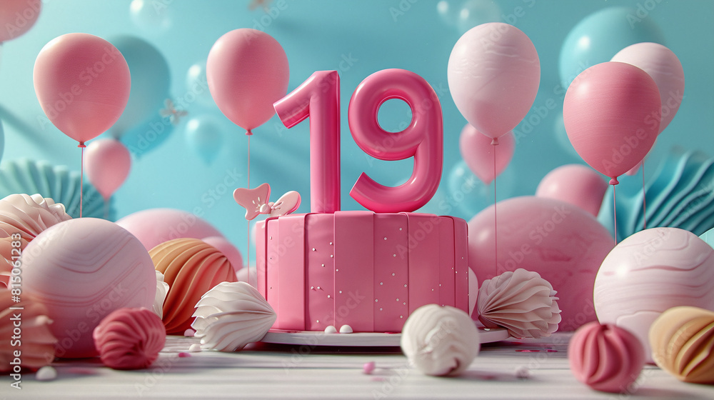 Pink Birthday Cake with Number 19 Topper and Balloons on Blue ...