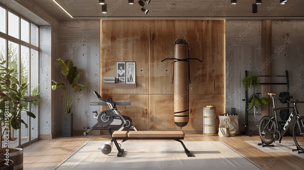 The 3D-rendered home gym features a modern, well-equipped space ...
