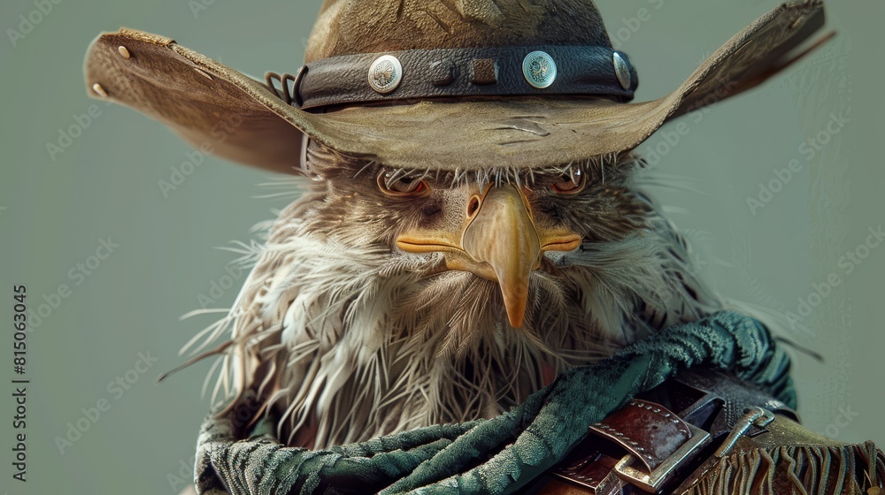Eagle character dressed as a cowboy, wearing a stetson and holster ...