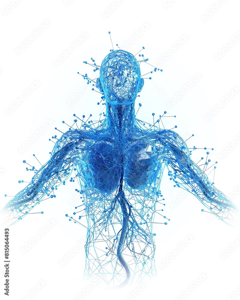 Blue translucent human body made of glowing dots and lines representing ...