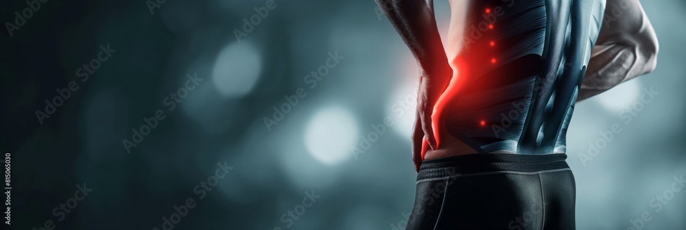 The image depicts an individual clenching their lower back area ...
