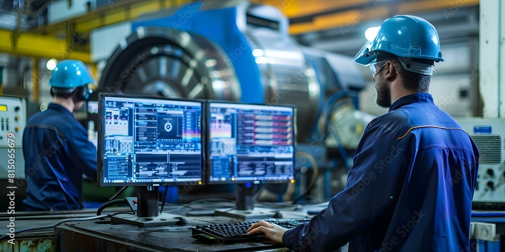 Mechanical engineers using computers at metal lathe factory for quality ...