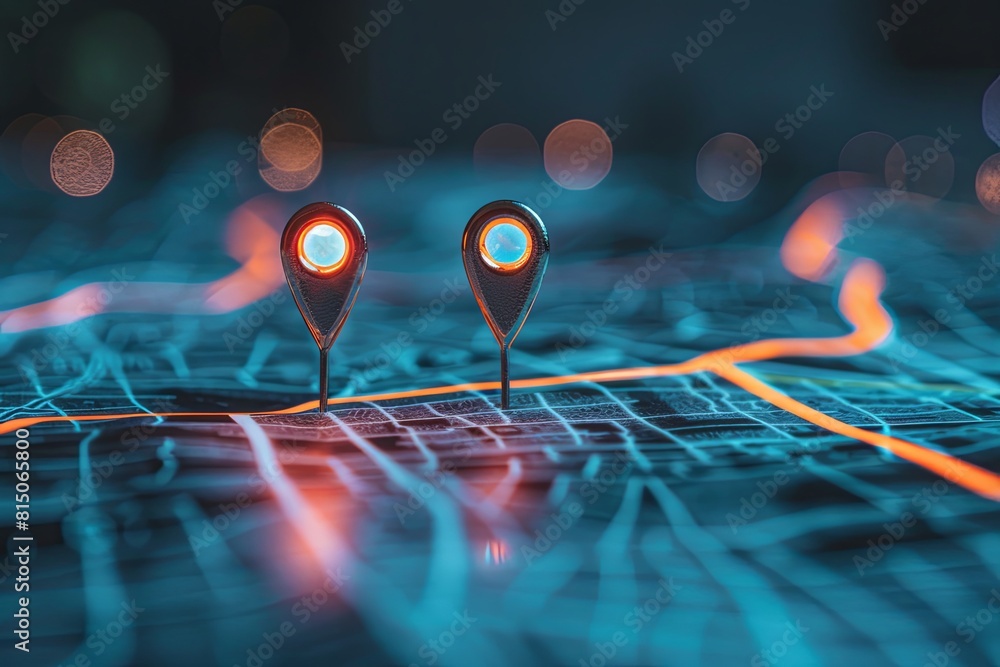 Digital hand set location on map with two pins. Artificial intelligence ...