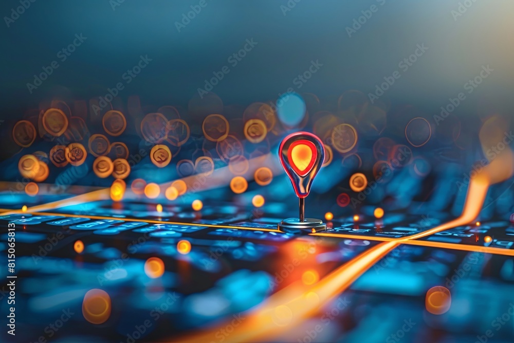 Digital hand set location on map with two pins. Artificial intelligence ...