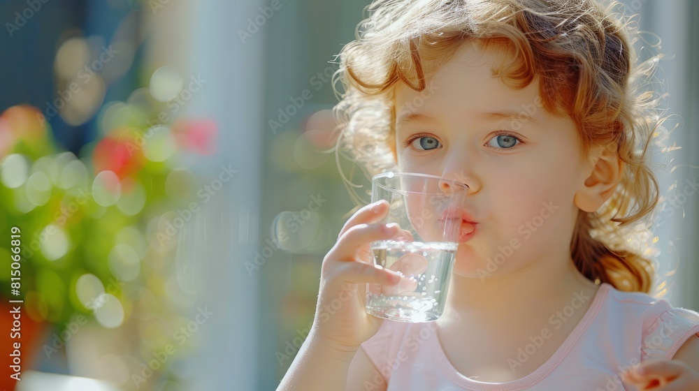 Pretty little child drinking fresh water on sunny summer day at home ...