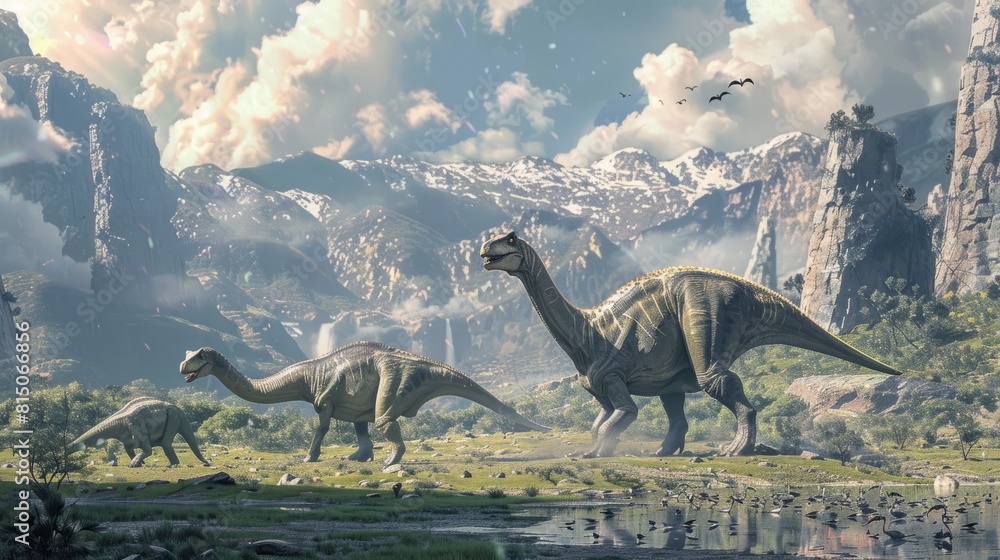 Prehistoric landscape of dinosaurs roaming the earth in an ancient ...