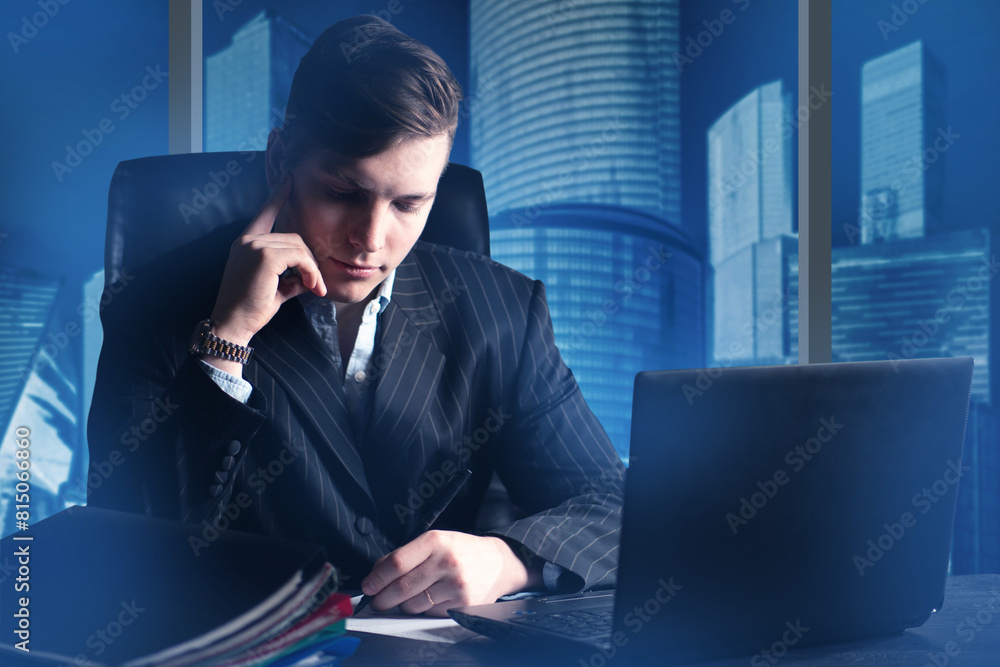 Man corporate manager. Office worker sits at table. Boss of large ...