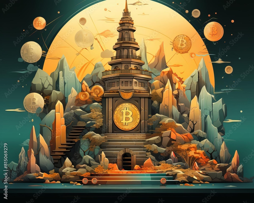 The digital illustration shows a temple with a glowing Bitcoin symbol. The temple is surrounded ...