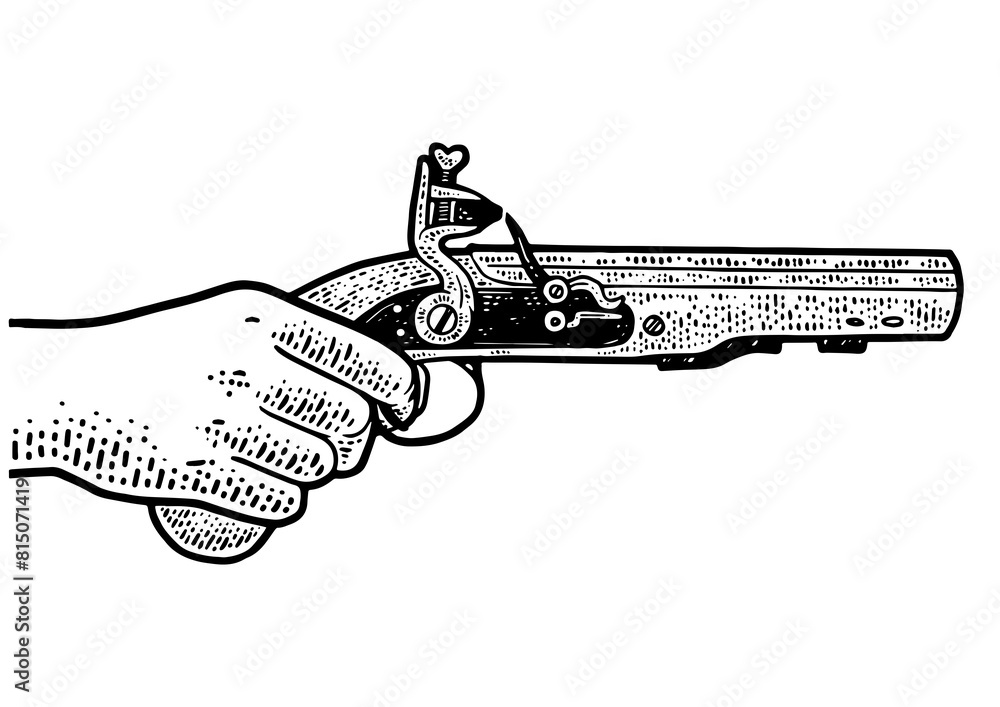 flintlock muff pistol in hand sketch engraving PNG illustration. T ...