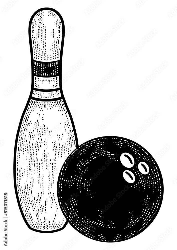 Bowling pin and ball sketch engraving PNG illustration. T-shirt apparel ...