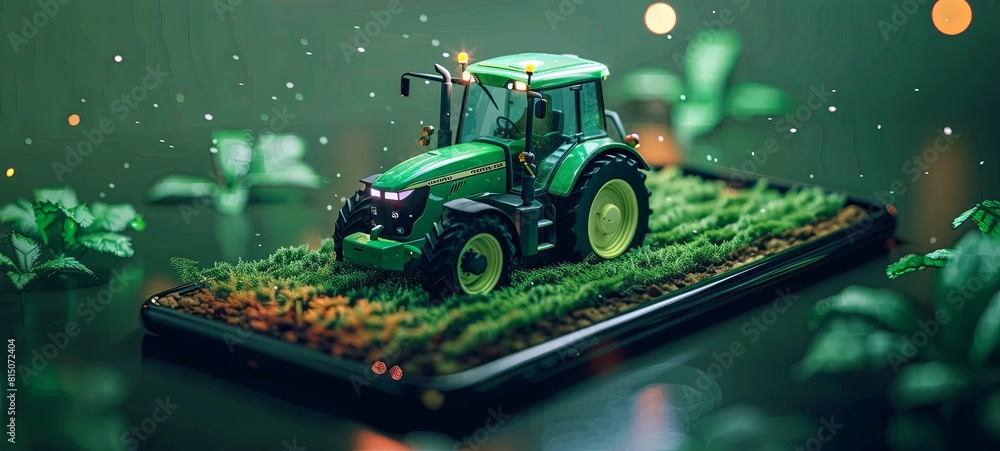 3D illustration of smart farming concept, tractor on smartphone, farm ...