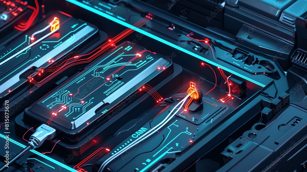 A detailed technical illustration of an electric vehicle battery being ...