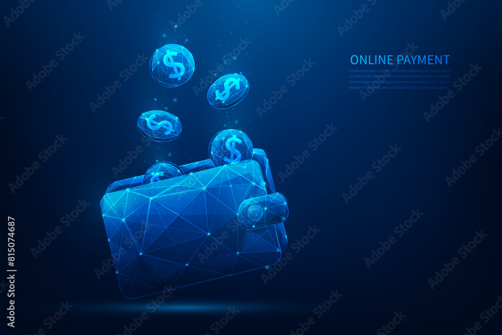 wallet and coin money payment technology low poly wireframe. cashback ...