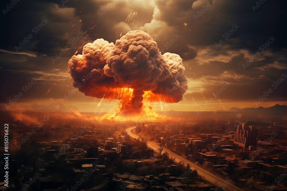 An explosion in a town's skyline making a nuclear fire mushroom cloud ...