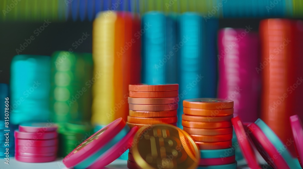 Zoom in on colorful stacked coins with a bar graph chart behind, focus ...