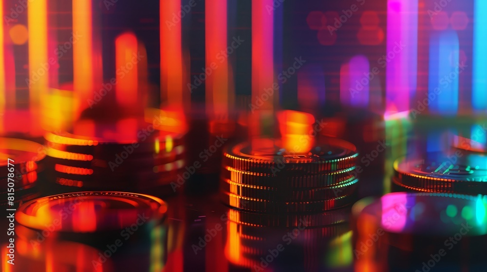 Zoom in on colorful stacked coins with a bar graph chart behind, focus ...