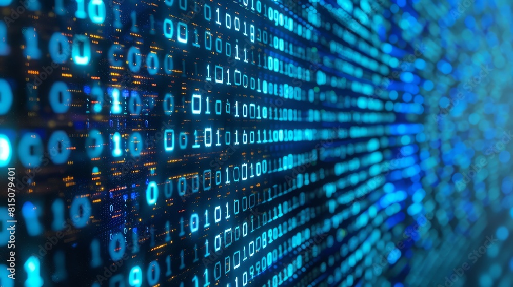 Blue digital binary data on computer screen background hyper realistic ...
