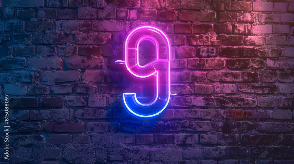 Neon light number 9 in pink and blue on a rustic brick wall. Neon sign ...