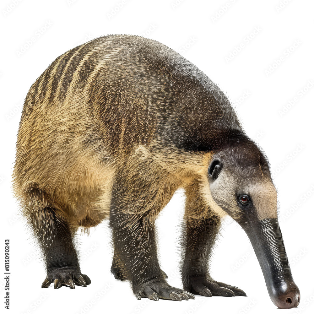 An anteater in a relaxed stance against a plain white backdrop, a ...