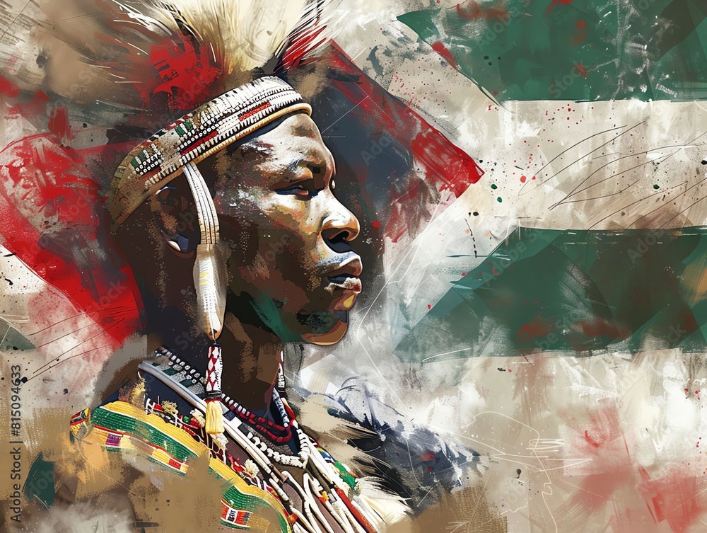An illustration of a warrior in traditional Zulu attire with the South ...