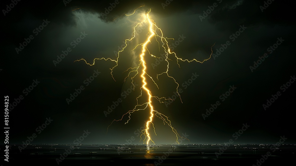 A yellow lightning strike depicted on a black background. Looks ultra-realistic thanks to high ...