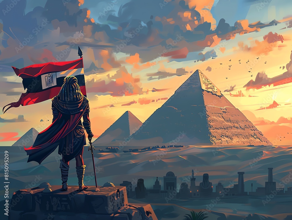 An illustration of an ancient Pharaoh in Egypt with the Egyptian flag ...