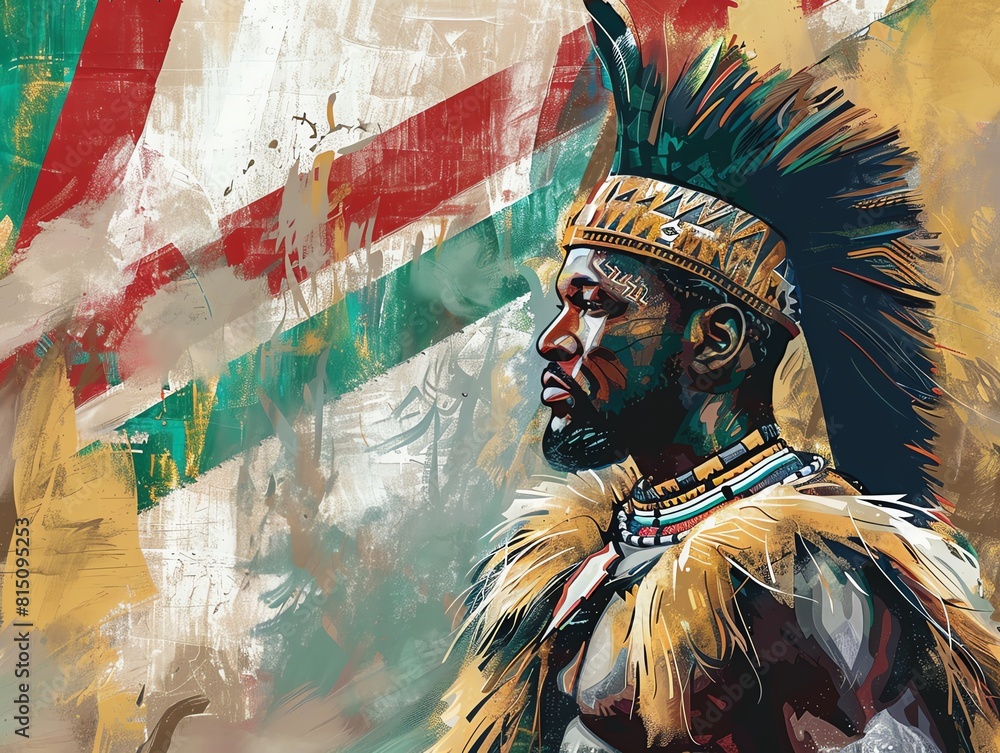 An illustration of a warrior in traditional Zulu attire with the South ...