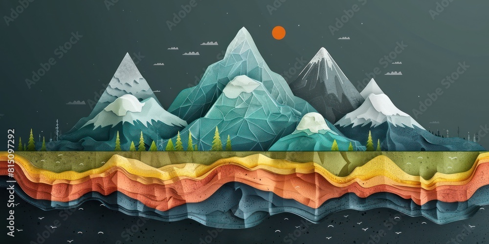 The image shows a cross-section of the earth's crust, with mountains ...