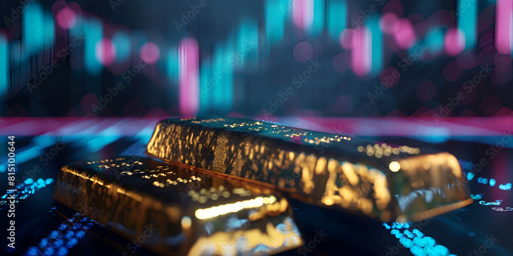 Gold bars on a computer screen with a chart of bar and a chart of bar ...