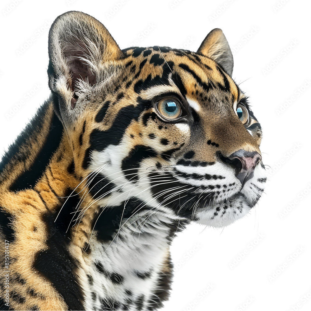 A close-up view of a baby jaguar with its distinctive spots, in front ...