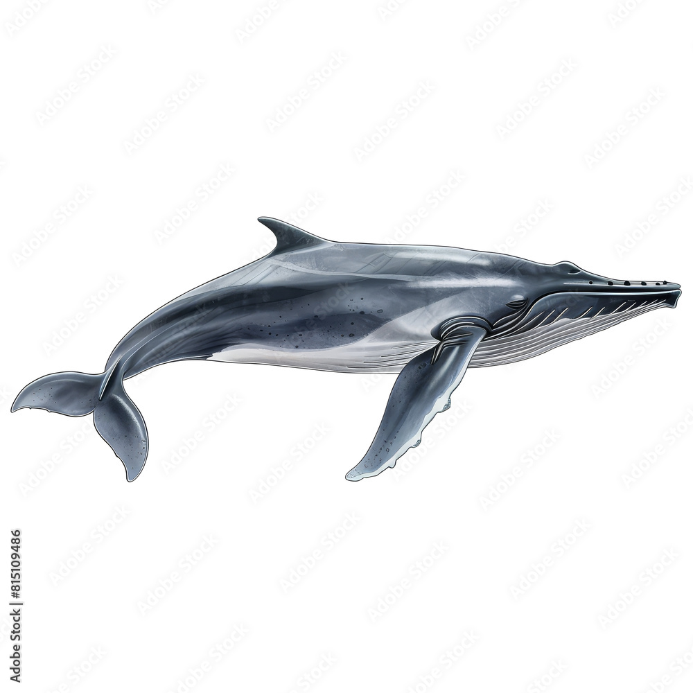 A humpback whale gracefully swimming on a plain Png background, a fin ...