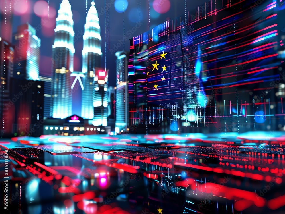 Futuristic 3D flag of Malaysia, incorporating digital elements of ...