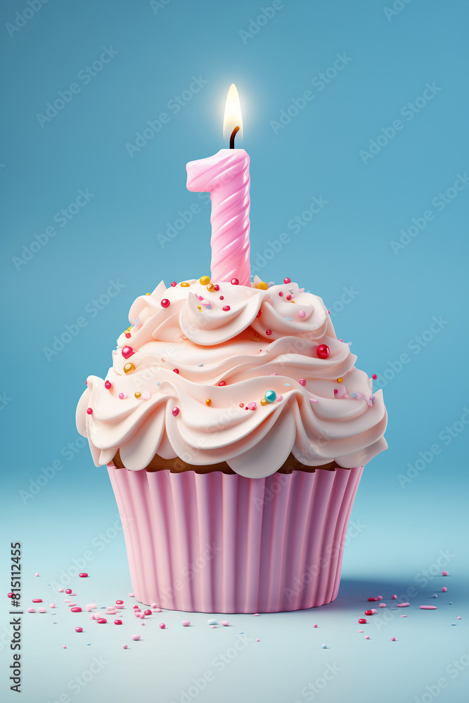 A pink cupcake with a lit candle on top, representing the number 1 on ...