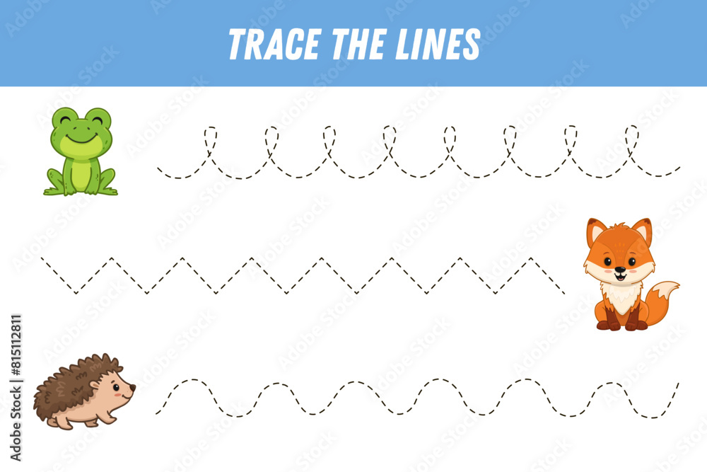 Tracing lines for kids. Cute cartoon forest animals: frog, fox ...