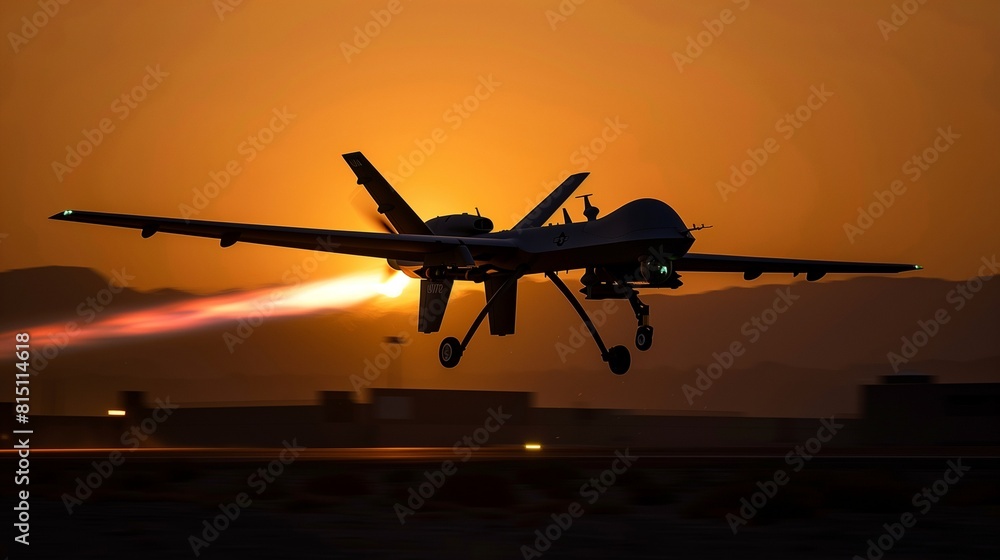 Foto de Jet Black Unmanned Aerial Vehicle (UAV) Launching at Dusk ...