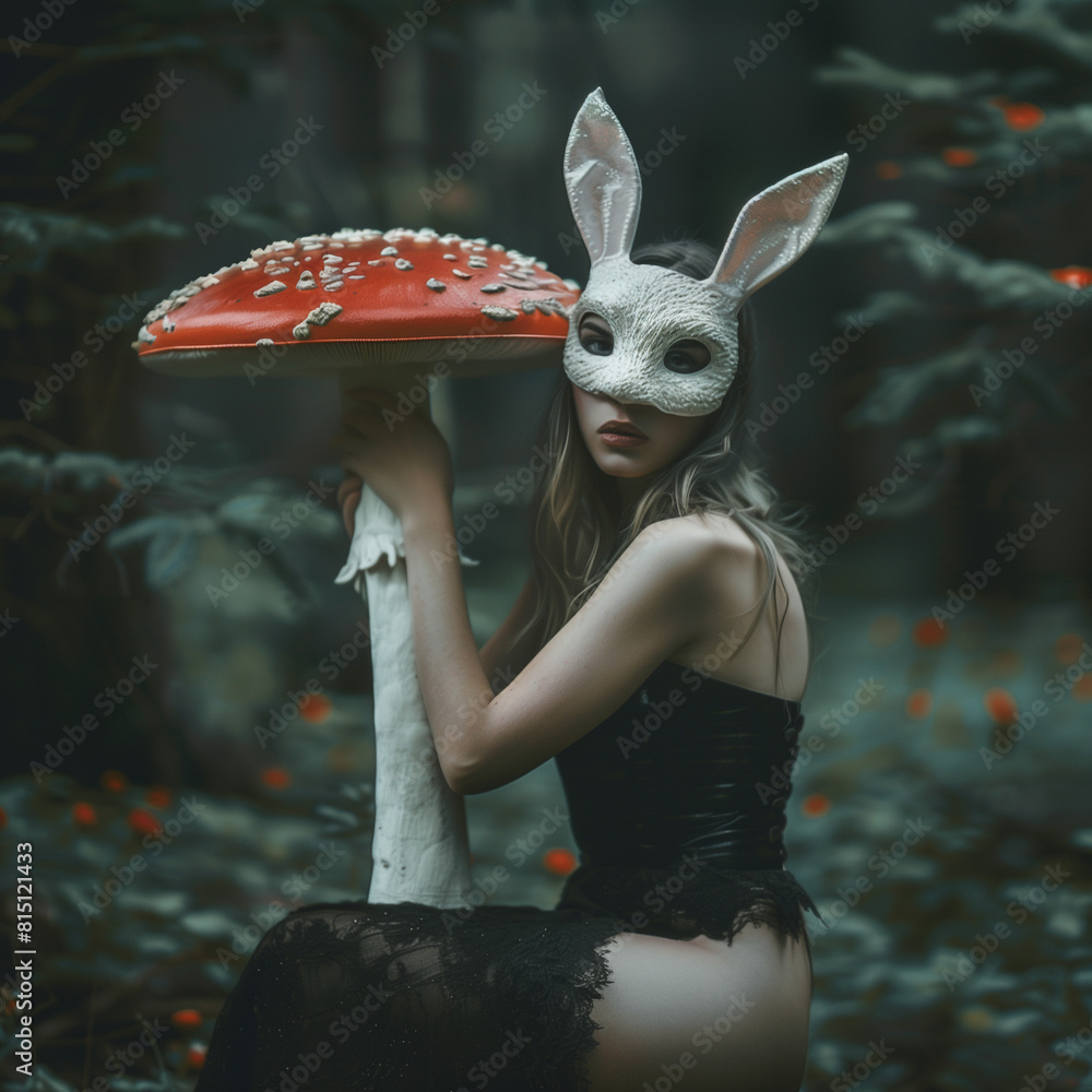 uncanny valley of a woman with a rabbit mask sitting on a toadstool ...