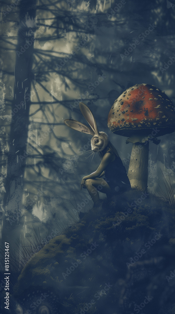 uncanny valley of a woman with a rabbit mask sitting on a toadstool ...