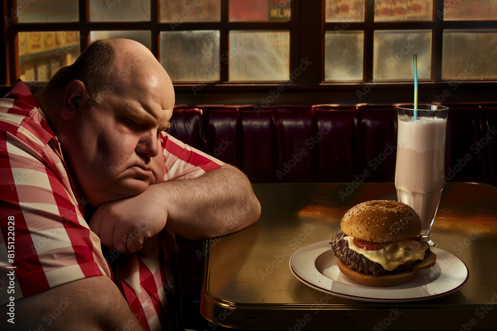 Lonely overweight obese man eating an unhealthy hamburger and drinking ...