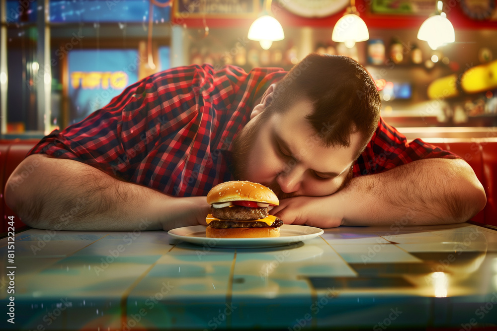 Lonely overweight obese man eating an unhealthy hamburger in a diner ...