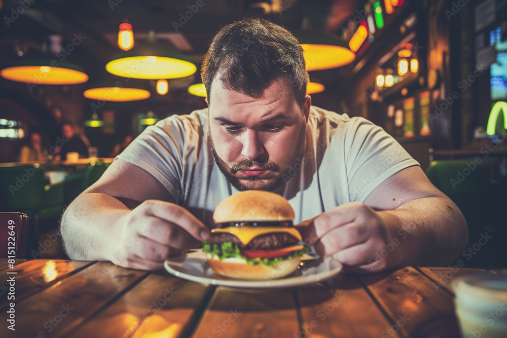 Lonely overweight obese man eating an unhealthy hamburger in a diner ...