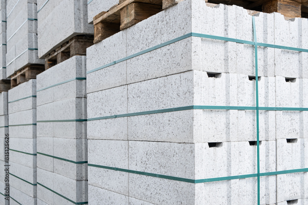 Concrete Cinder Blocks in Industrial Pallets, Grey brick Shapes ...