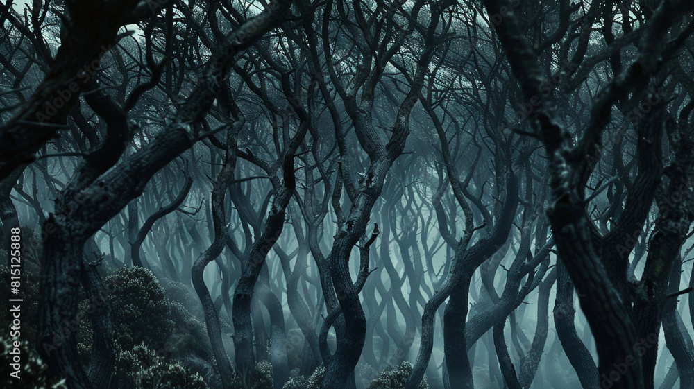 A dense forest of black trees shrouded in mist, with eerie shadows ...