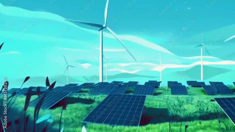 Wind turbines and solar panels generating clean energy, 4K Futuristic ...