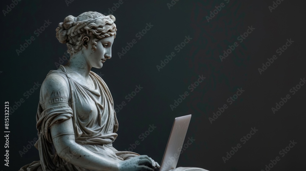 Goddess sculpture ancient working with laptop isolated dark background ...
