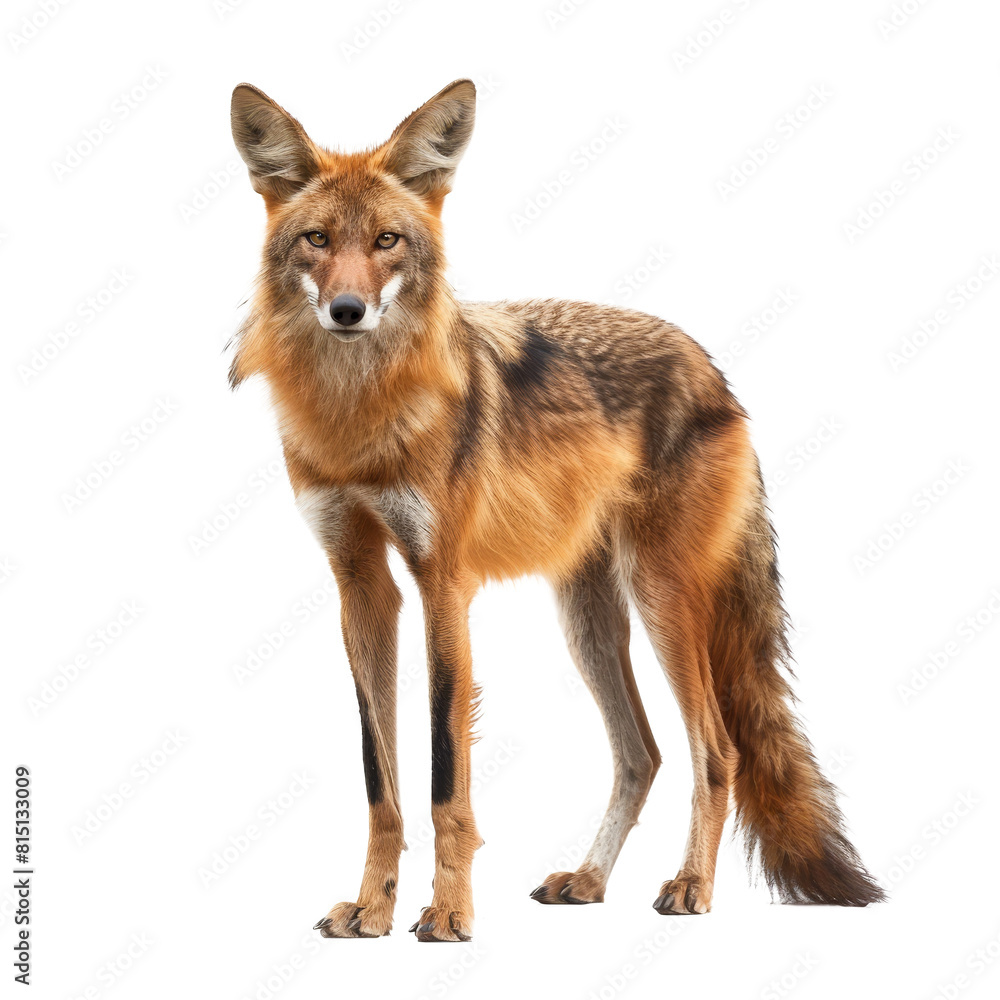 A jackal stands confidently against a plain Png background, a maned ...